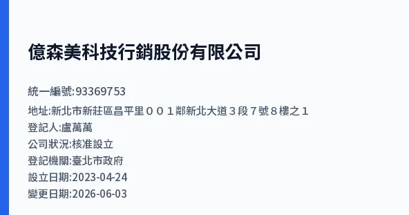 億森美科技行銷股份有限公司的照片-統編 93369753(新北市) 公司登記資料與營業項目詳細圖表