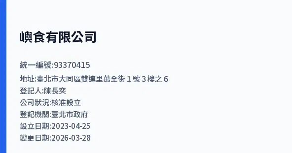 嶼食有限公司的照片-統編 93370415(臺北市) 公司登記資料與營業項目詳細圖表