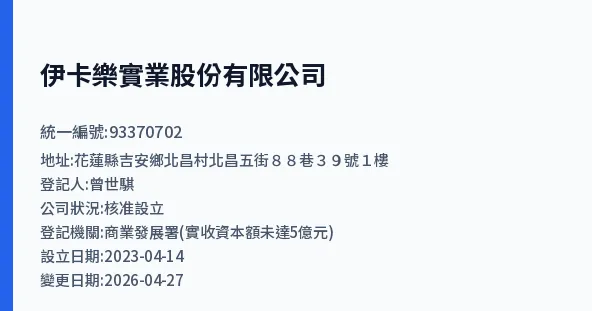 伊卡樂實業股份有限公司的照片-統編 93370702(花蓮縣) 公司登記資料與營業項目詳細圖表