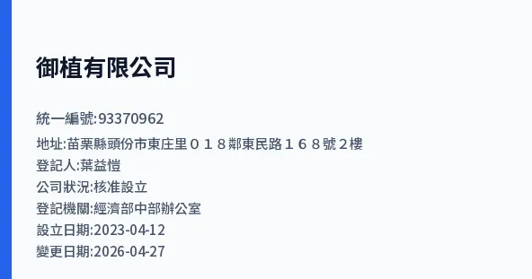 御植有限公司的照片-統編 93370962(苗栗縣) 公司登記資料與營業項目詳細圖表