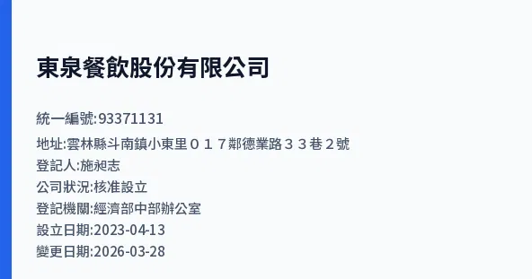 東泉餐飲股份有限公司的照片-統編 93371131(雲林縣) 公司登記資料與營業項目詳細圖表