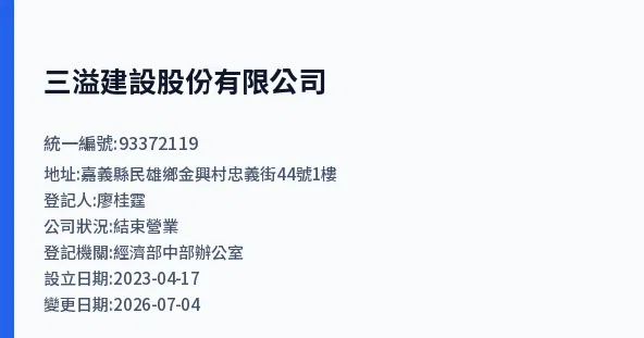 三溢建設股份有限公司的照片-統編 93372119(嘉義縣) 公司登記資料與營業項目詳細圖表