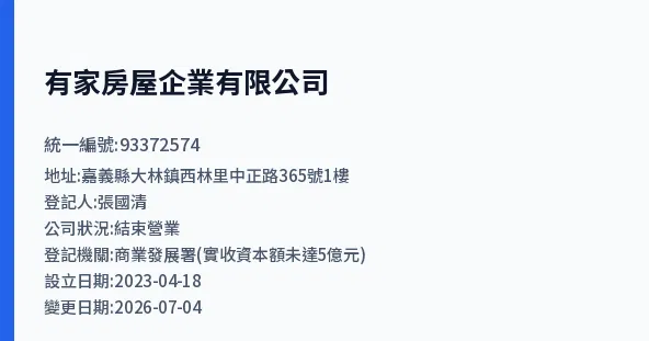 有家房屋企業有限公司的照片-統編 93372574(嘉義縣) 公司登記資料與營業項目詳細圖表
