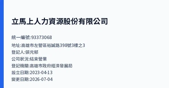 立馬上人力資源股份有限公司的照片-統編 93373068(高雄市) 公司登記資料與營業項目詳細圖表