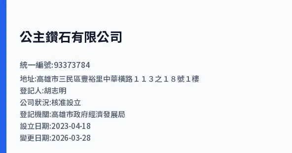 公主鑽石有限公司的照片-統編 93373784(高雄市) 公司登記資料與營業項目詳細圖表