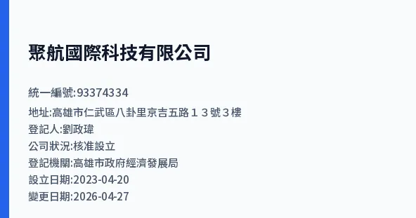 聚航國際科技有限公司的照片-統編 93374334(高雄市) 公司登記資料與營業項目詳細圖表
