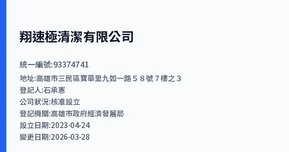 翔速極清潔有限公司的照片-統編 93374741(高雄市) 公司登記資料與營業項目詳細圖表