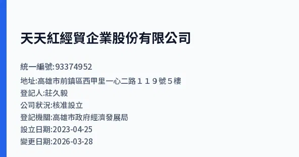 天天紅經貿企業股份有限公司的照片-統編 93374952(高雄市) 公司登記資料與營業項目詳細圖表