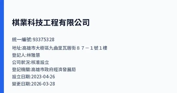 棋業科技工程有限公司的照片-統編 93375328(高雄市) 公司登記資料與營業項目詳細圖表