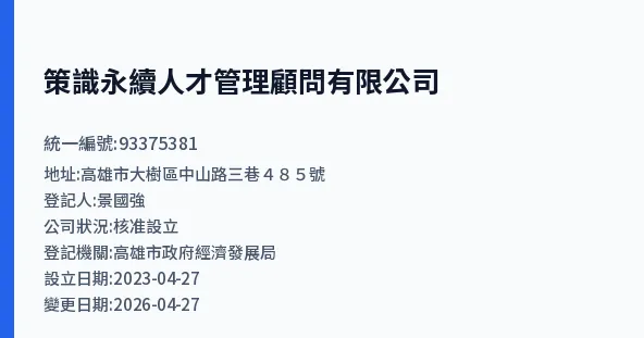 策識永續人才管理顧問有限公司的照片-統編 93375381(高雄市) 公司登記資料與營業項目詳細圖表