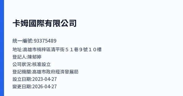 卡姆國際有限公司的照片-統編 93375489(高雄市) 公司登記資料與營業項目詳細圖表