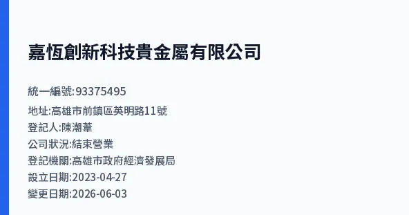 嘉恆創新科技貴金屬有限公司的照片-統編 93375495(高雄市) 公司登記資料與營業項目詳細圖表
