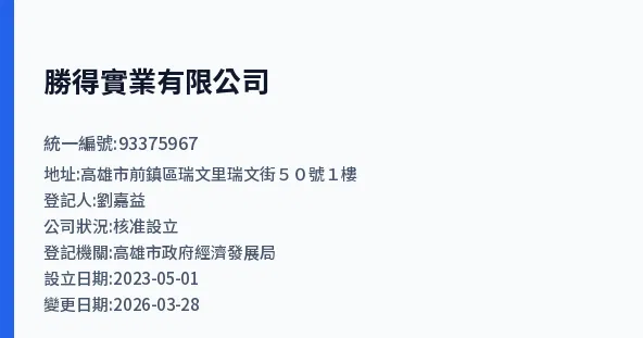 勝得實業有限公司的照片-統編 93375967(高雄市) 公司登記資料與營業項目詳細圖表