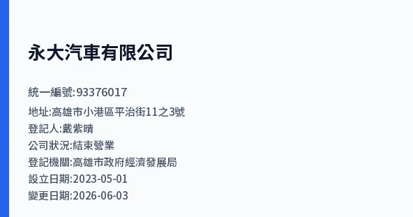 永大汽車有限公司的照片-統編 93376017(高雄市) 公司登記資料與營業項目詳細圖表