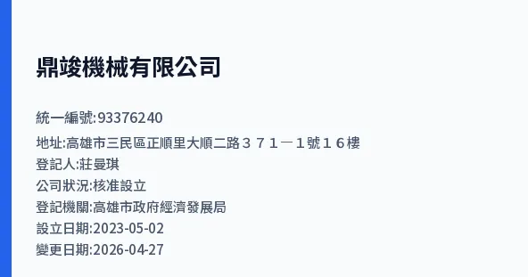鼎竣機械有限公司的照片-統編 93376240(高雄市) 公司登記資料與營業項目詳細圖表