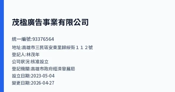 茂楹廣告事業有限公司的照片-統編 93376564(高雄市) 公司登記資料與營業項目詳細圖表