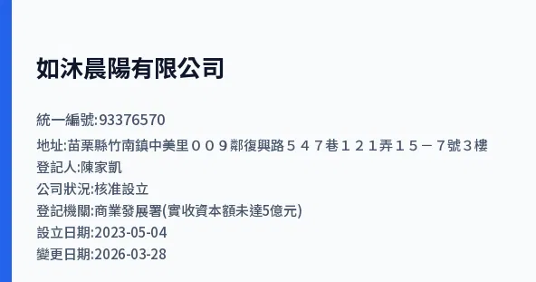 如沐晨陽有限公司的照片-統編 93376570(苗栗縣) 公司登記資料與營業項目詳細圖表