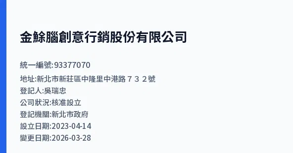 金鮽腦創意行銷股份有限公司的照片-統編 93377070(新北市) 公司登記資料與營業項目詳細圖表