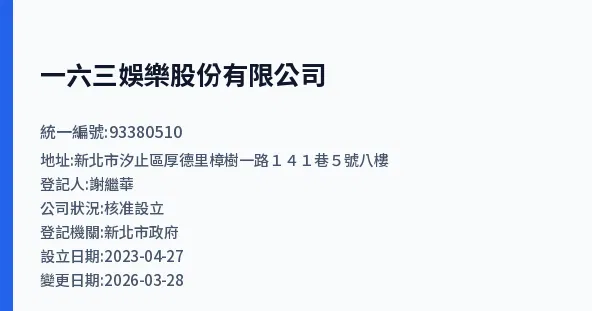 一六三娛樂股份有限公司的照片-統編 93380510(新北市) 公司登記資料與營業項目詳細圖表