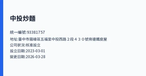 中投炒麵的照片-統編 93381757(臺中市) 公司登記資料與營業項目詳細圖表
