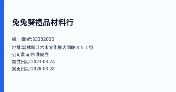 兔兔葵禮品材料行的照片-統編 93382030(雲林縣) 公司登記資料與營業項目詳細圖表