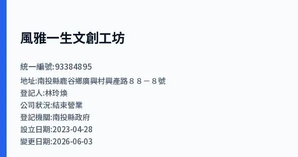 風雅一生文創工坊的照片-統編 93384895(南投縣) 公司登記資料與營業項目詳細圖表