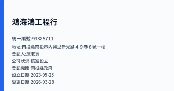 鴻海鴻工程行的照片-統編 93385711(南投縣) 公司登記資料與營業項目詳細圖表