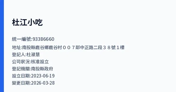 杜江小吃的照片-統編 93386660(南投縣) 公司登記資料與營業項目詳細圖表
