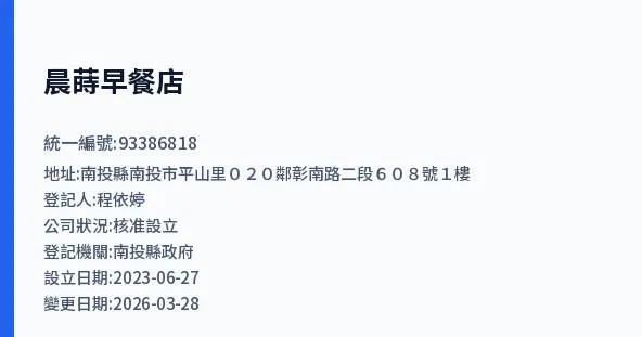 晨蒔早餐店的照片-統編 93386818(南投縣) 公司登記資料與營業項目詳細圖表