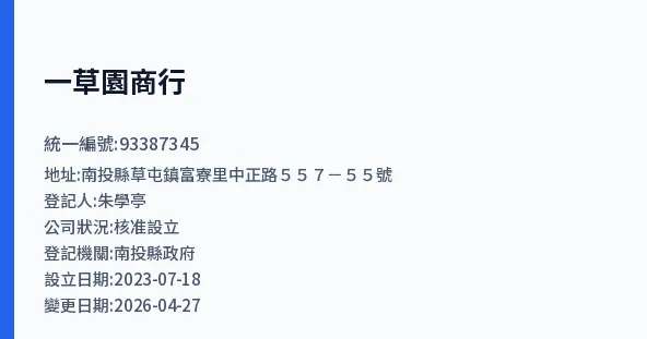 一草園商行的照片-統編 93387345(南投縣) 公司登記資料與營業項目詳細圖表