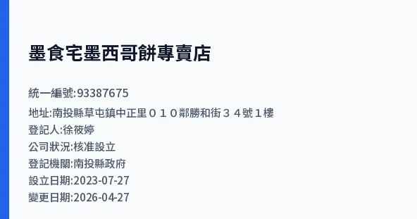 墨食宅墨西哥餅專賣店的照片-統編 93387675(南投縣) 公司登記資料與營業項目詳細圖表