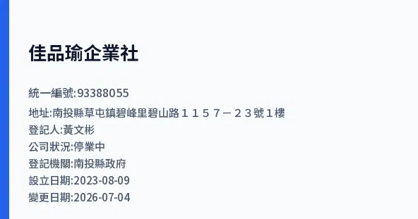 佳品瑜企業社的照片-統編 93388055(南投縣) 公司登記資料與營業項目詳細圖表
