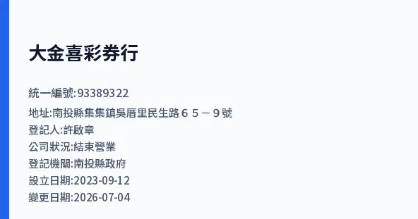 大金喜彩券行的照片-統編 93389322(南投縣) 公司登記資料與營業項目詳細圖表