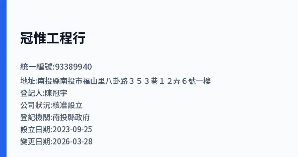 冠惟工程行的照片-統編 93389940(南投縣) 公司登記資料與營業項目詳細圖表