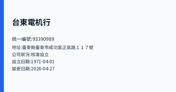 台東電机行的照片-統編 93390989(臺東縣) 公司登記資料與營業項目詳細圖表