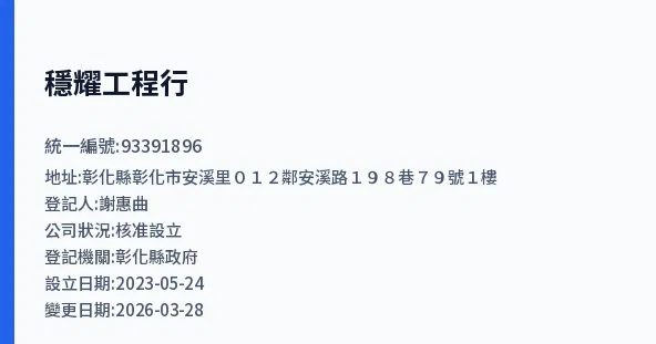 穩耀工程行的照片-統編 93391896(彰化縣) 公司登記資料與營業項目詳細圖表