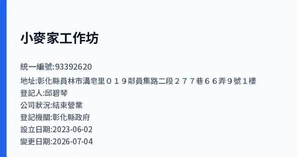 小麥家工作坊的照片-統編 93392620(彰化縣) 公司登記資料與營業項目詳細圖表