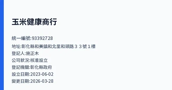 玉米健康商行的照片-統編 93392728(彰化縣) 公司登記資料與營業項目詳細圖表