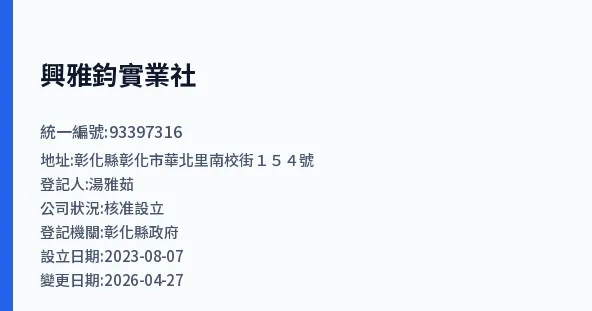 興雅鈞實業社的照片-統編 93397316(彰化縣) 公司登記資料與營業項目詳細圖表