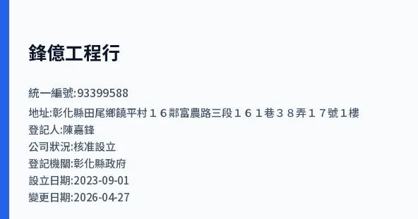鋒億工程行的照片-統編 93399588(彰化縣) 公司登記資料與營業項目詳細圖表