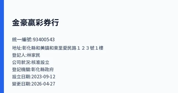 金豪贏彩券行的照片-統編 93400543(彰化縣) 公司登記資料與營業項目詳細圖表