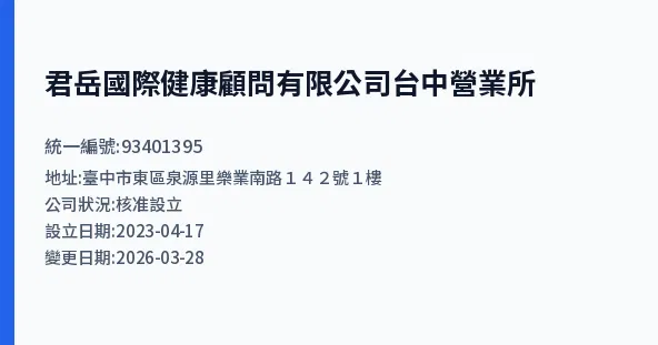 君岳國際健康顧問有限公司台中營業所的照片-統編 93401395(臺中市) 公司登記資料與營業項目詳細圖表