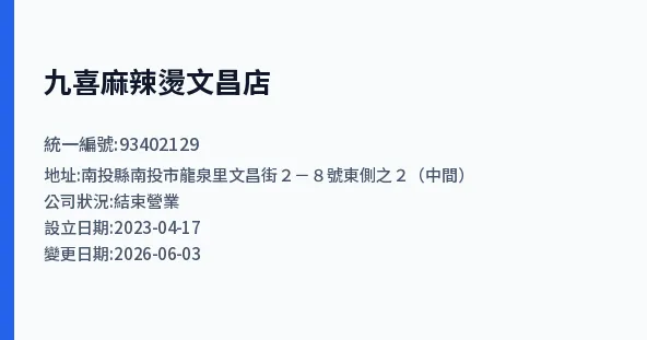 九喜麻辣燙文昌店的照片-統編 93402129(南投縣) 公司登記資料與營業項目詳細圖表