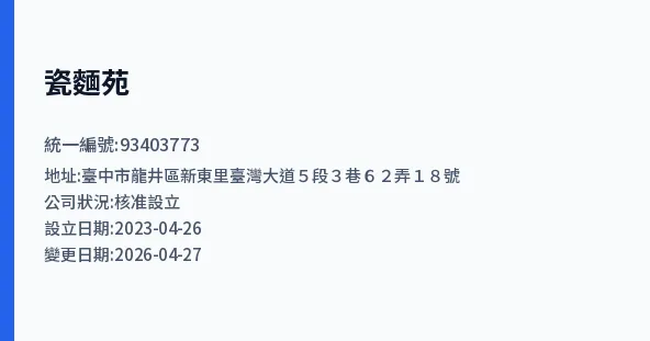 瓷麵苑的照片-統編 93403773(臺中市) 公司登記資料與營業項目詳細圖表