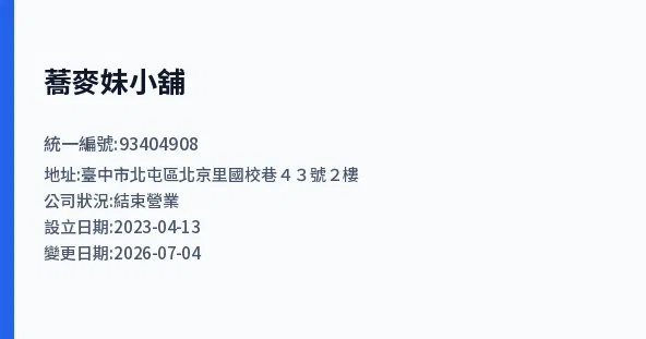 蕎麥妹小舖的照片-統編 93404908(臺中市) 公司登記資料與營業項目詳細圖表