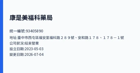 康是美福科藥局的照片-統編 93405890(臺中市) 公司登記資料與營業項目詳細圖表