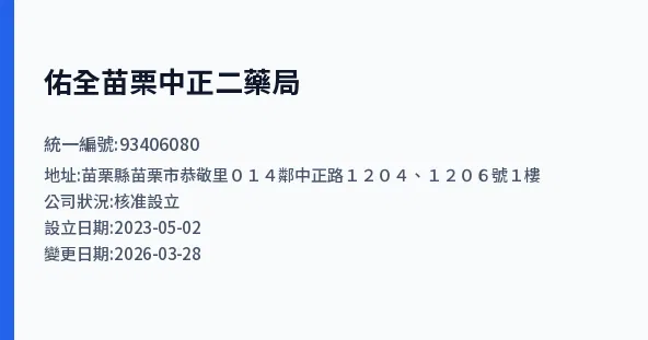 佑全苗栗中正二藥局的照片-統編 93406080(苗栗縣) 公司登記資料與營業項目詳細圖表