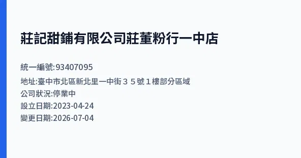 莊記甜鋪有限公司莊董粉行一中店的照片-統編 93407095(臺中市) 公司登記資料與營業項目詳細圖表