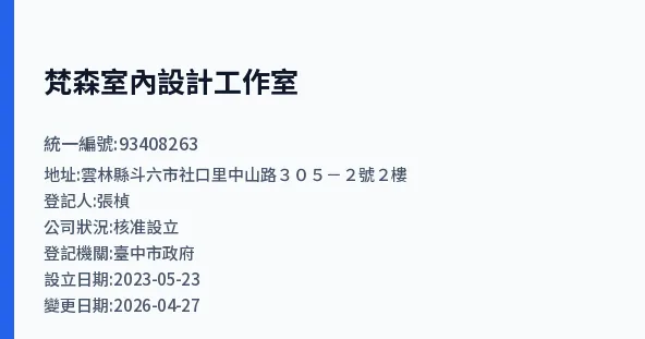 梵森室內設計工作室的照片-統編 93408263(雲林縣) 公司登記資料與營業項目詳細圖表