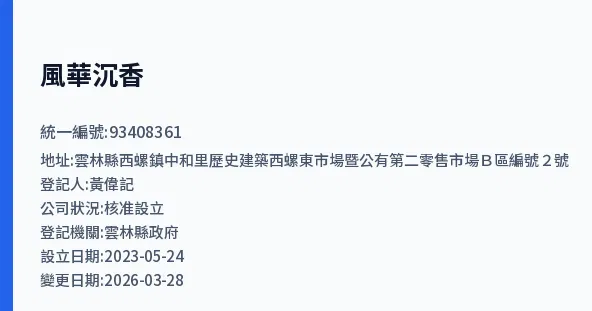 風華沉香的照片-統編 93408361(雲林縣) 公司登記資料與營業項目詳細圖表